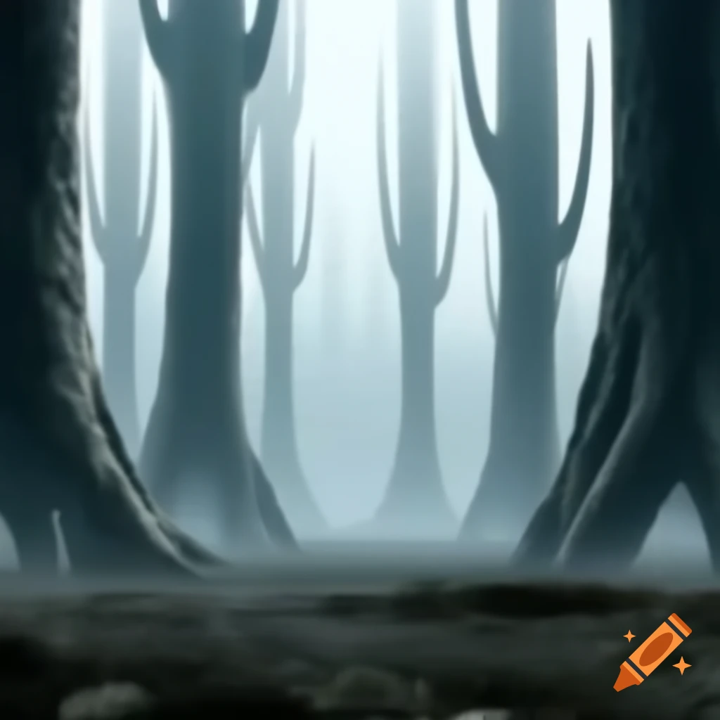 Alien forest with pale gray trees and misty atmosphere on Craiyon