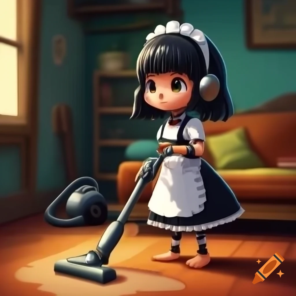 Anime-style robotic girl with metallic limbs cleaning living room on ...