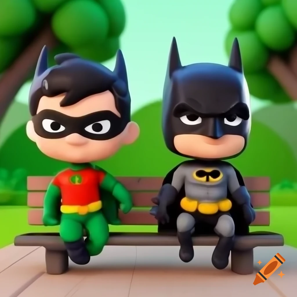Kawaii 3D animated bobbleheads of Robin and Batman sitting on a bench ...