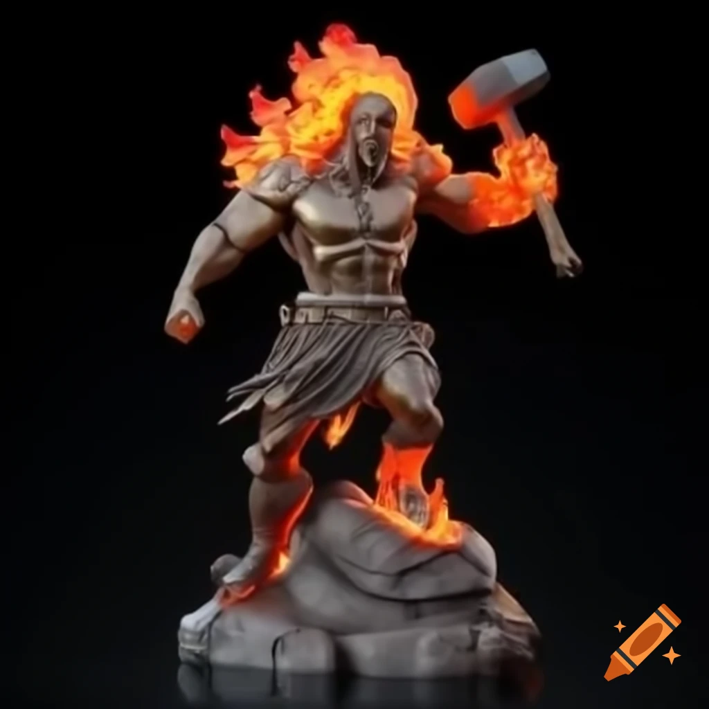 Statue of Primarch Vulkan carrying a hammer, symbolizing victory on Craiyon