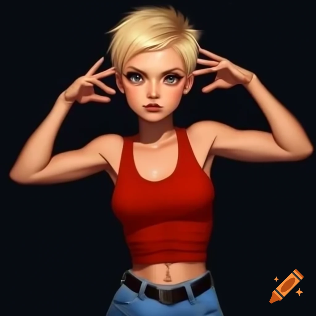 Young woman with pixie cut and metallic arm in comic book style on Craiyon