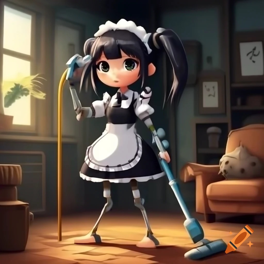 Anime-style robotic girl with metallic limbs cleaning living room on ...