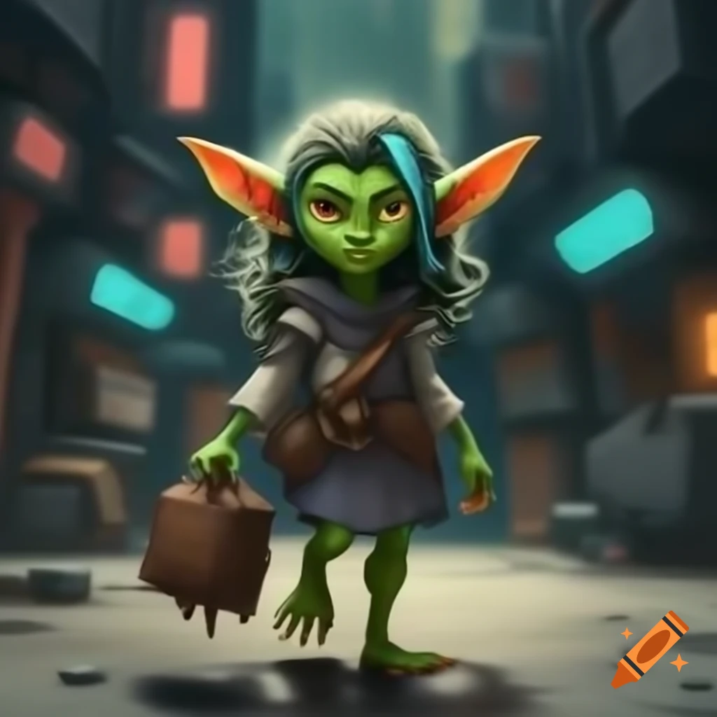 Green-skinned goblin girl walking barefoot in futuristic town on Craiyon