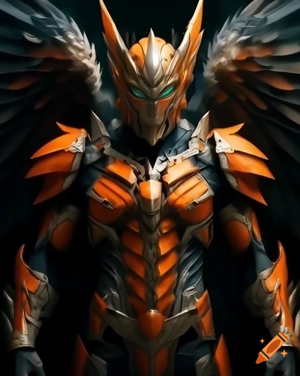 Fallen angel superhero depicted in orange and silver armor on Craiyon