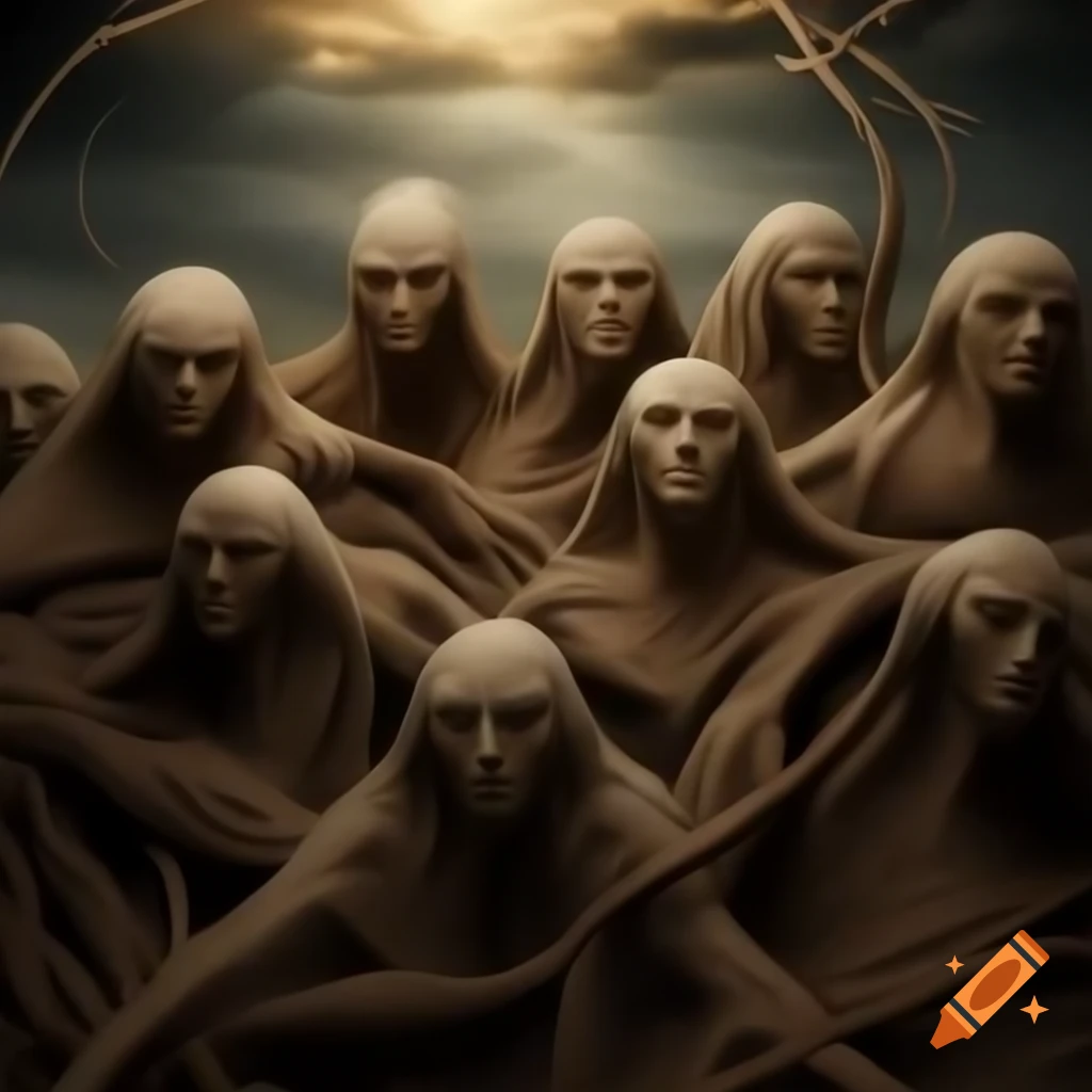 Dramatic scene of distorted figures in web sculpture of branches and ...