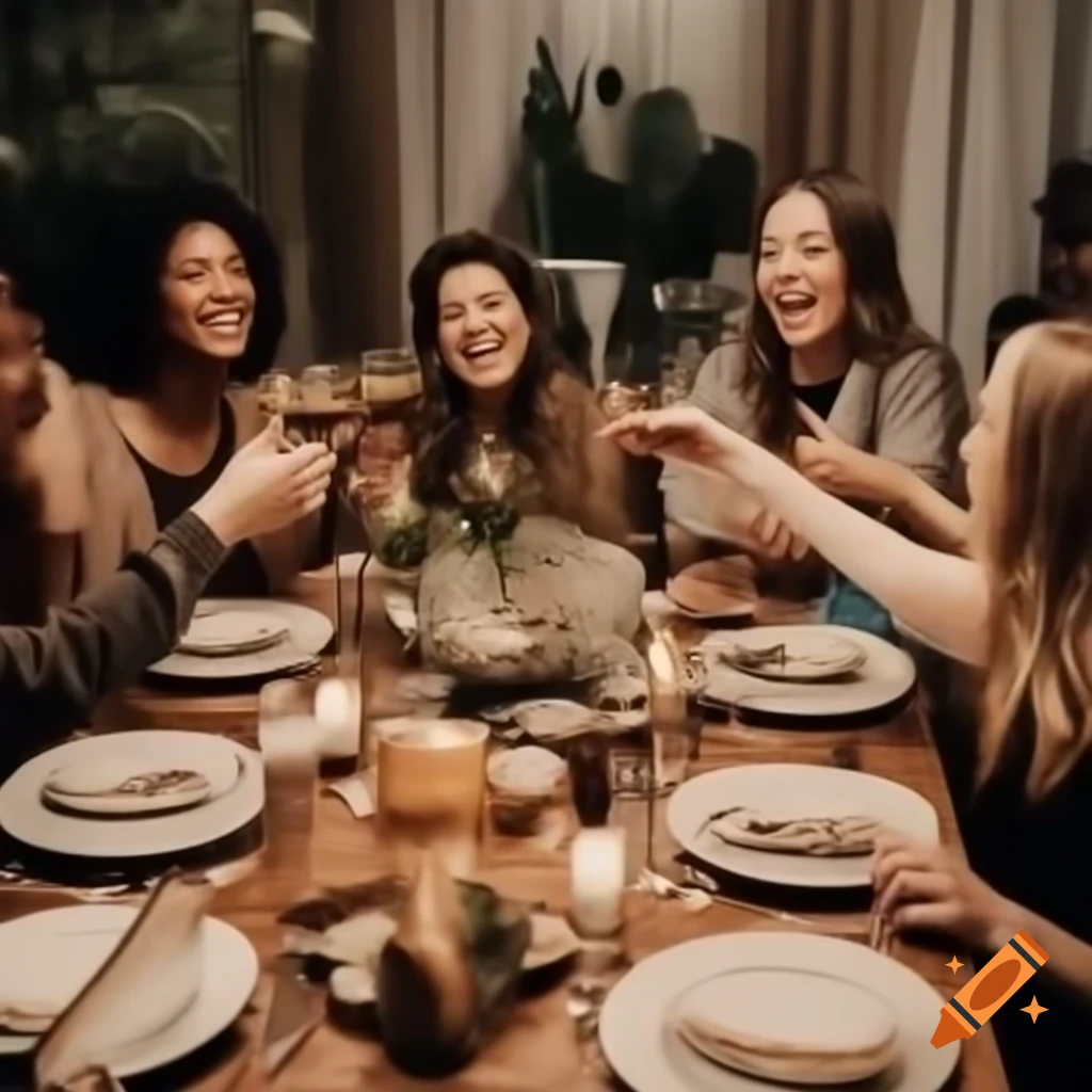 Seven fun-loving women friends around a hostess table on Craiyon