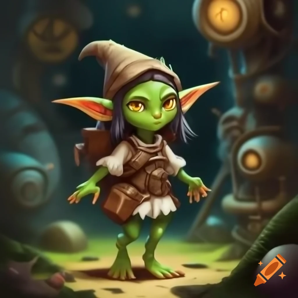 Goblin girl in steampunk outfit walking barefoot in enchanted clockwork ...