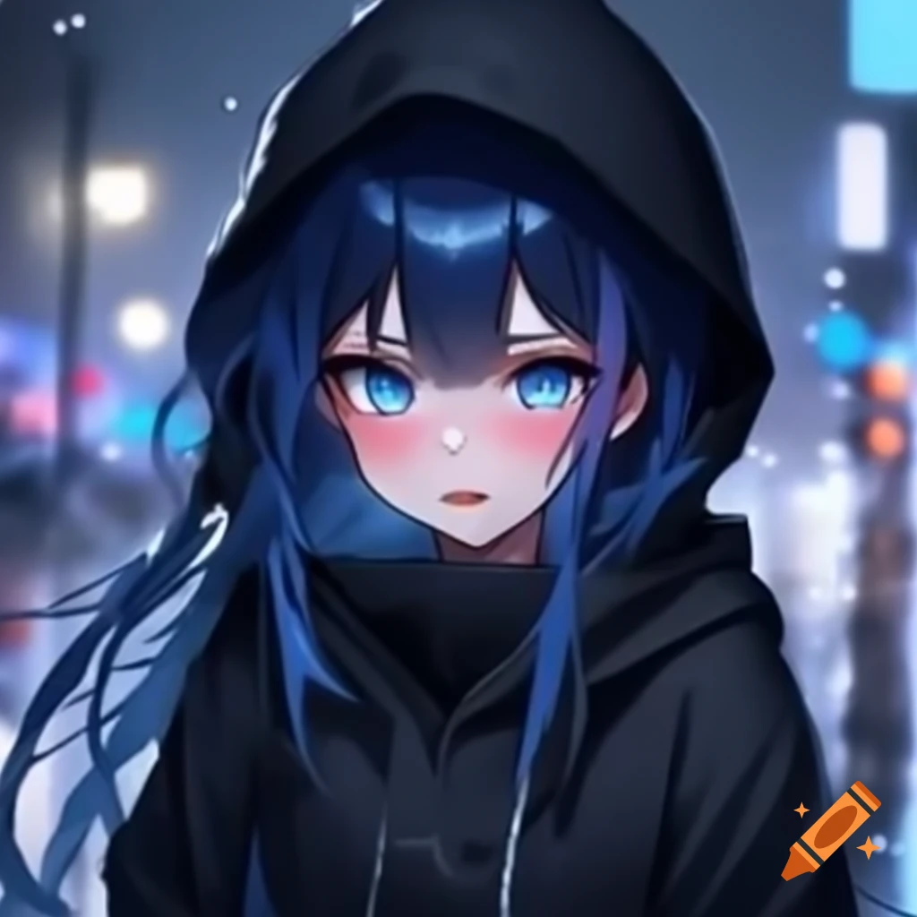Anime girl with blue hair and headset crying in rainy night city on Craiyon