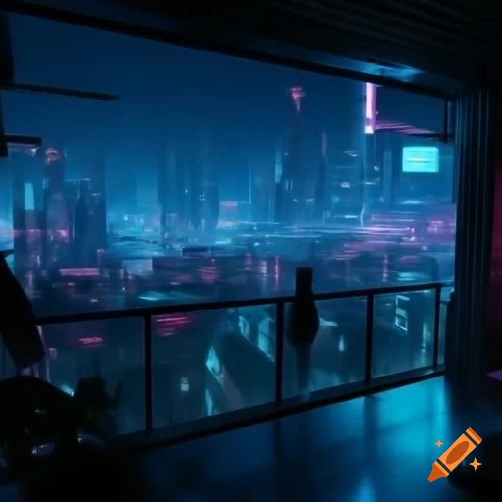 Balcony view of cyberpunk city at night with neon blue lights on Craiyon