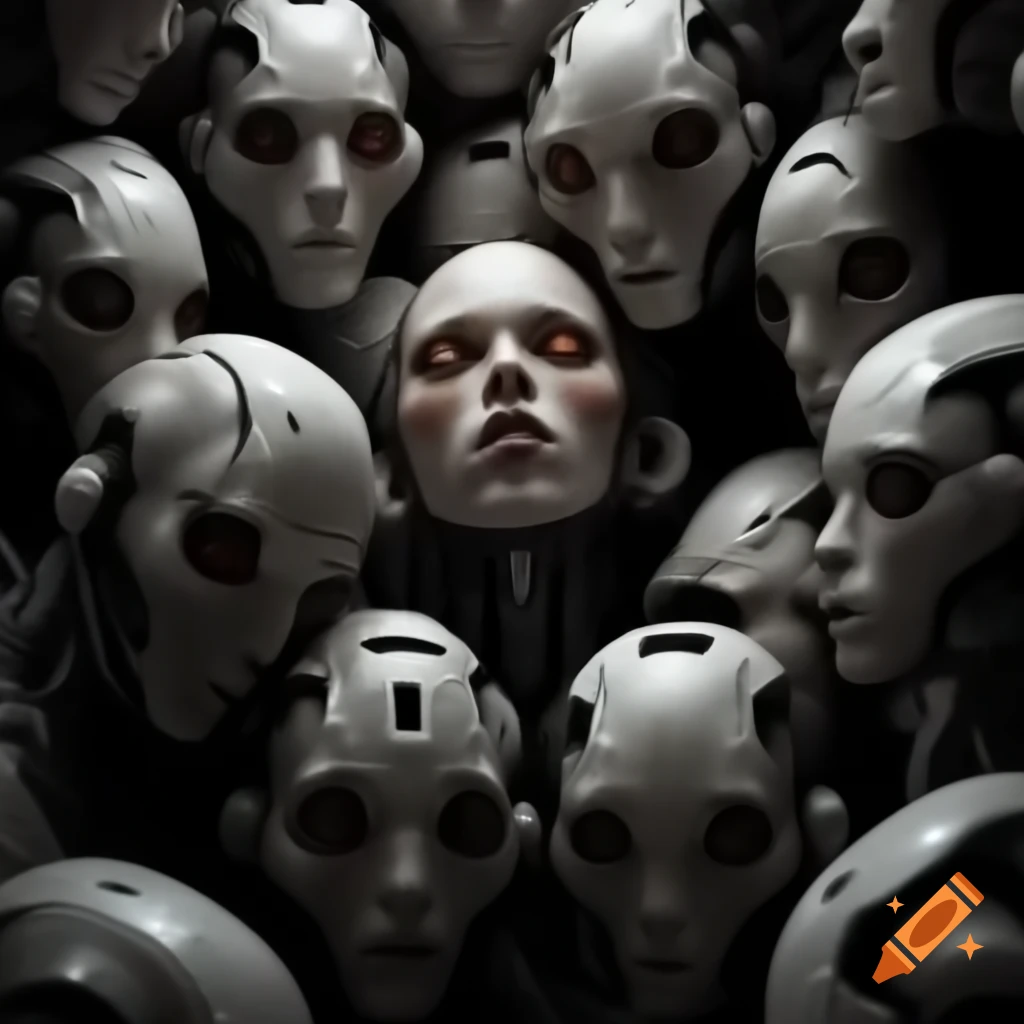 Surreal monochrome scene with detailed broken cyborg faces under ...