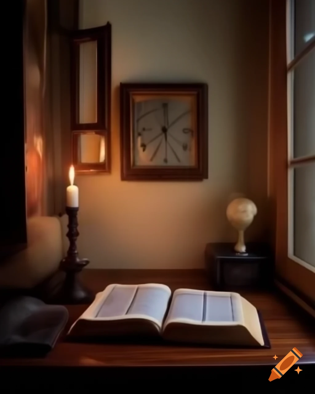 Wooden desk with open bible, candle, picture frame, inkwell, and ...