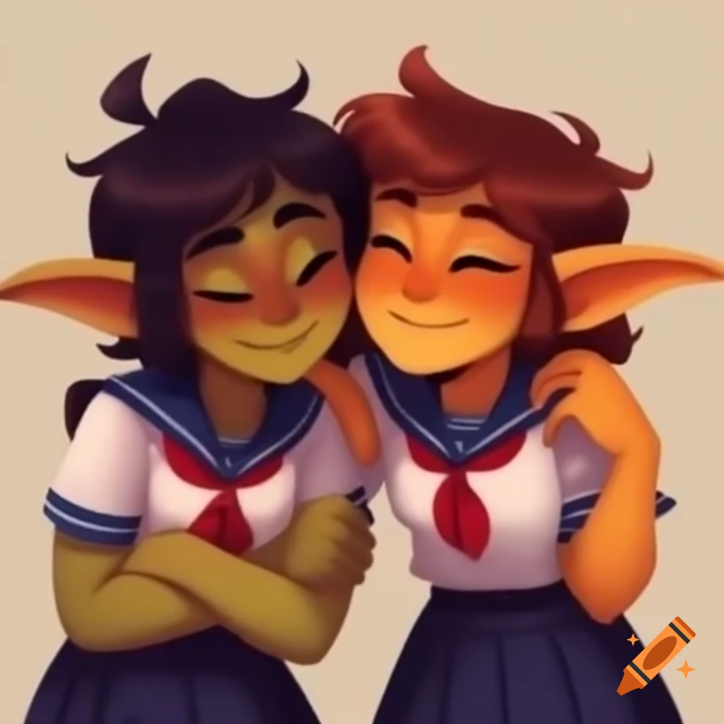 Two young goblin friends in school uniforms sharing a playful moment on ...
