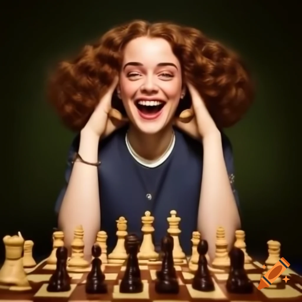 Marilyn Monroe playfully laughing after winning a chess game on Craiyon
