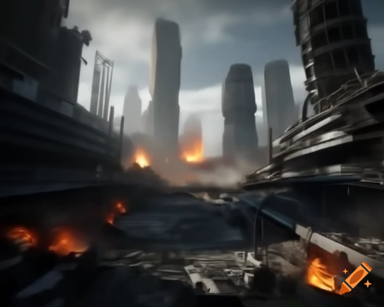 Futuristic warfare scene with fire and destroyed buildings on Craiyon