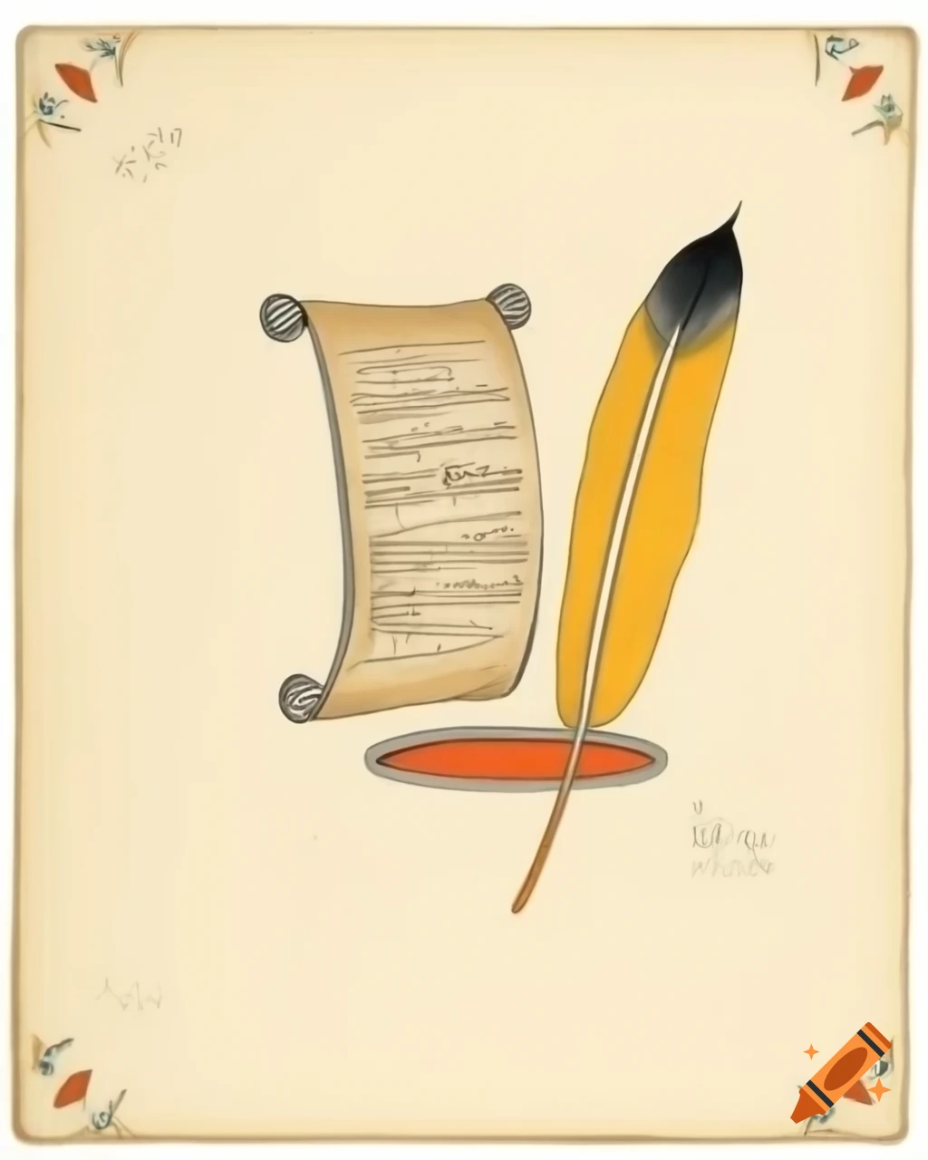 Parchment and quill in inkwell with byzantine and vintage scandinavian design influences on Craiyon