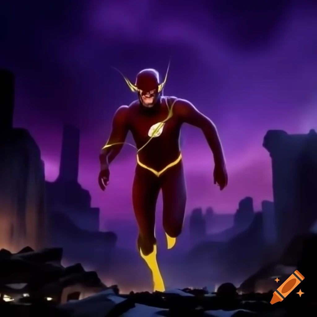 The Flash racing through a city in ruins under dark purple sky with ...