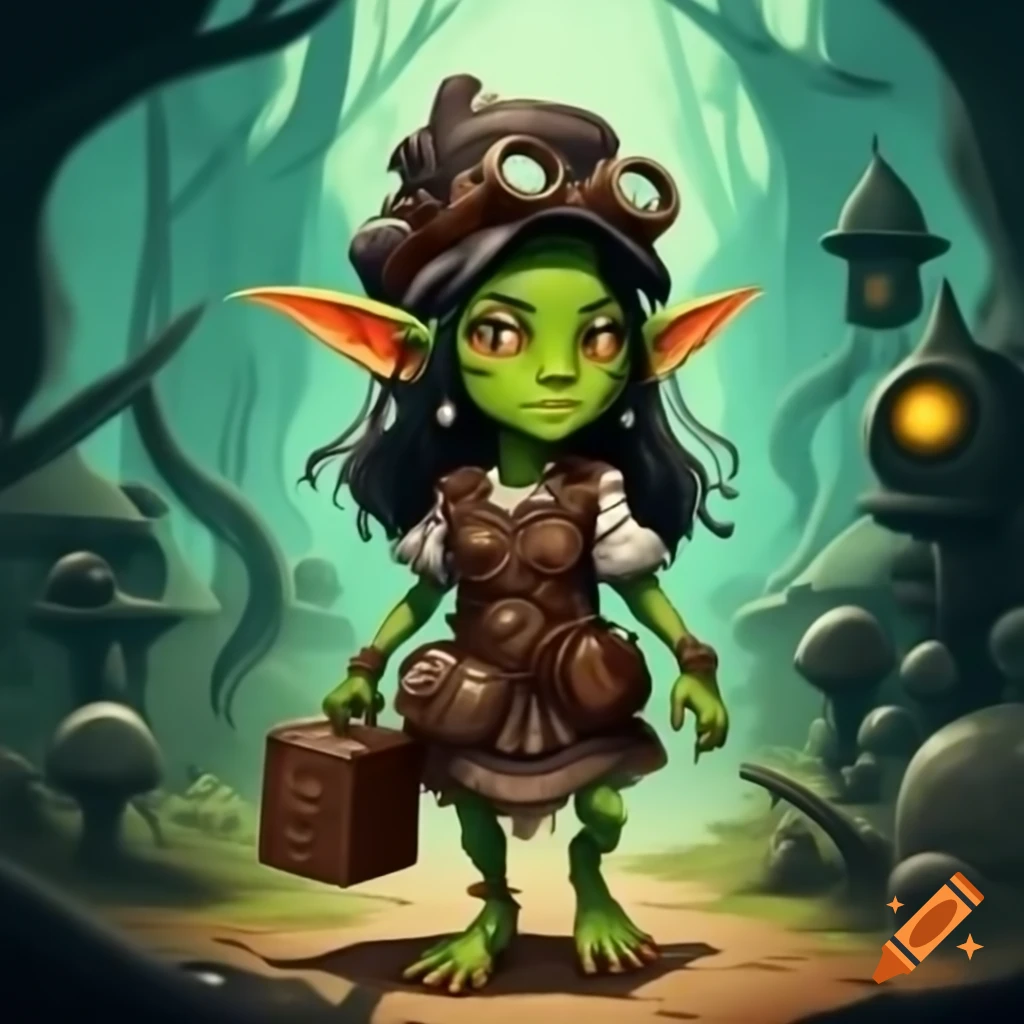 Goblin girl in steampunk outfit walking barefoot in enchanted clockwork ...