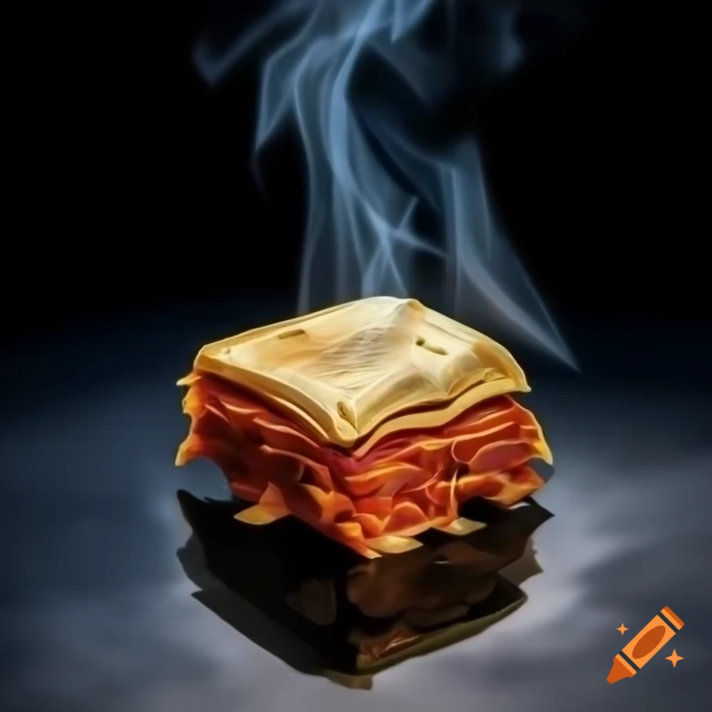 Stylized illustration of steaming lasagna with metallic logo design on ...