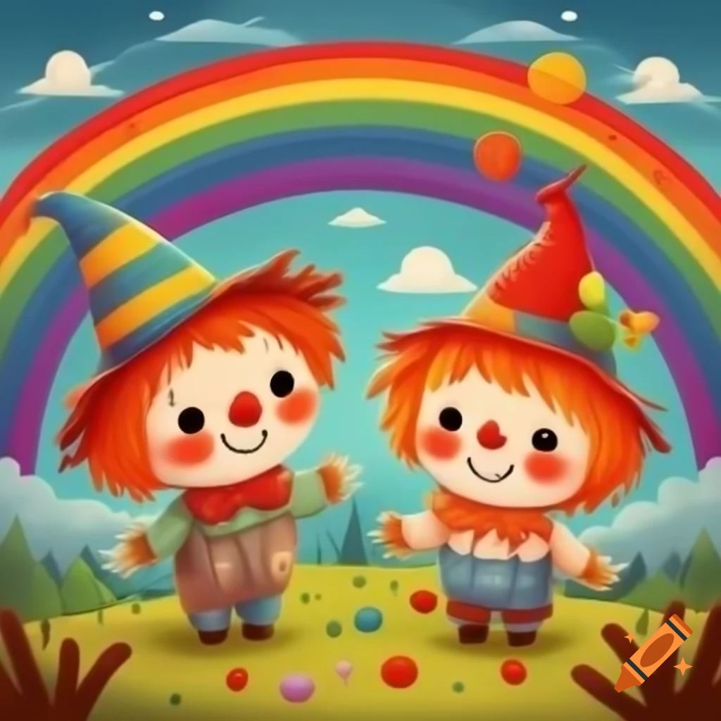 Two cute cartoon scarecrows admiring a rainbow on Craiyon