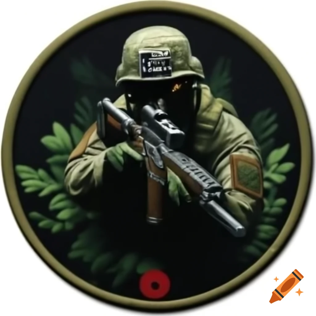 Military patch with shadowed figure camouflaged in foliage using magnified optics in night ...