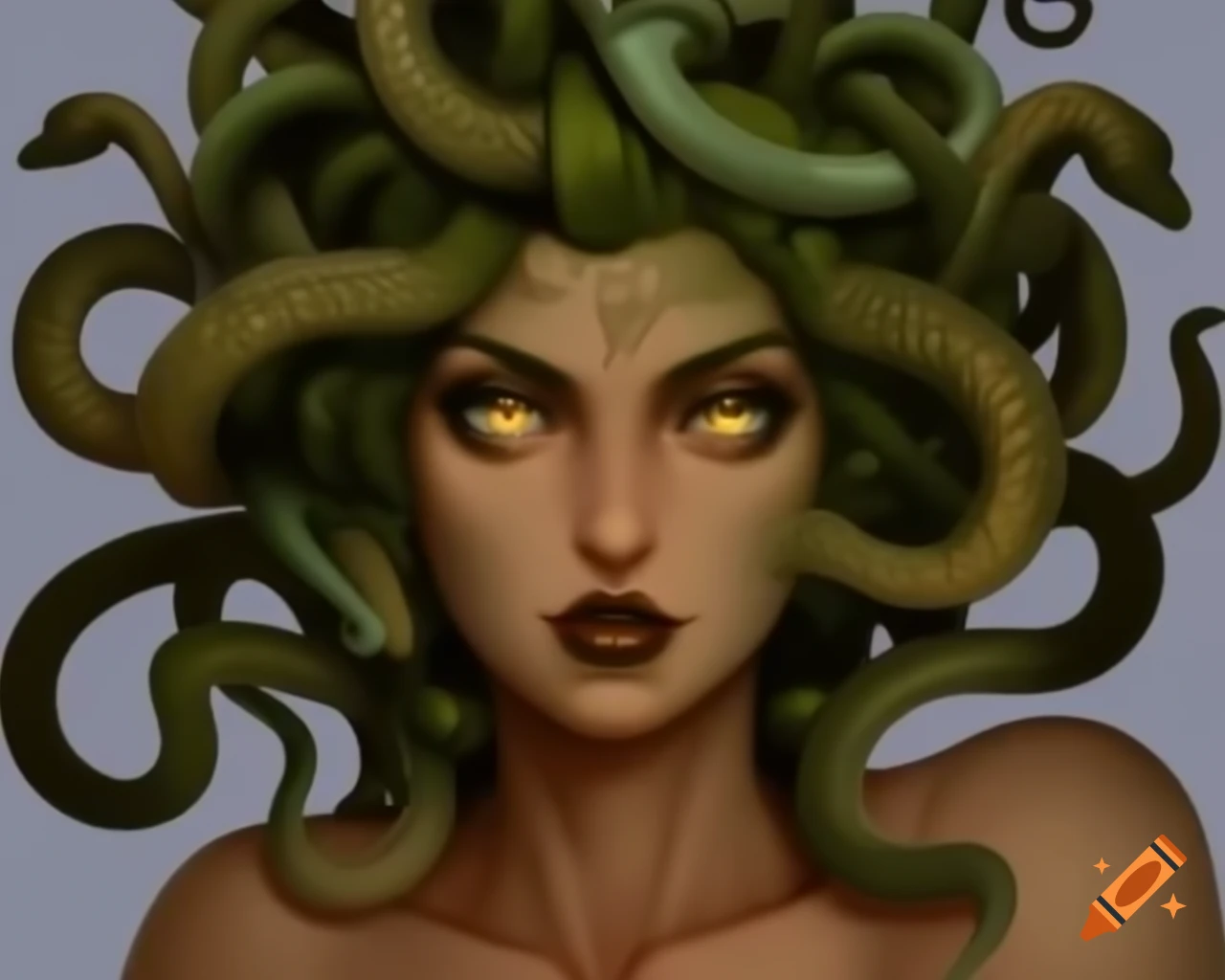 Anime Medusa character with brown skin and white snake hair on Craiyon