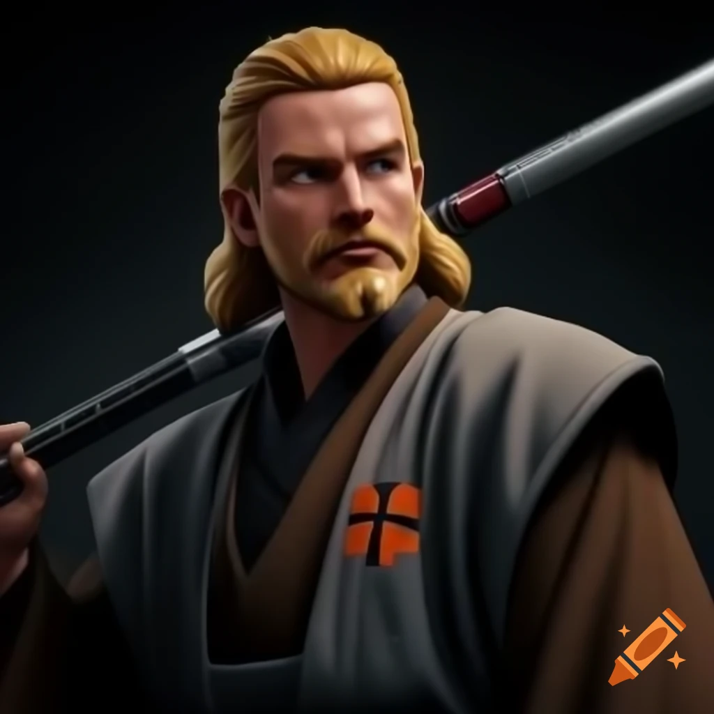 Minato Namikaze fusion with Obi Wan Kenobi in templar knight and saiyan armor with sword on Craiyon