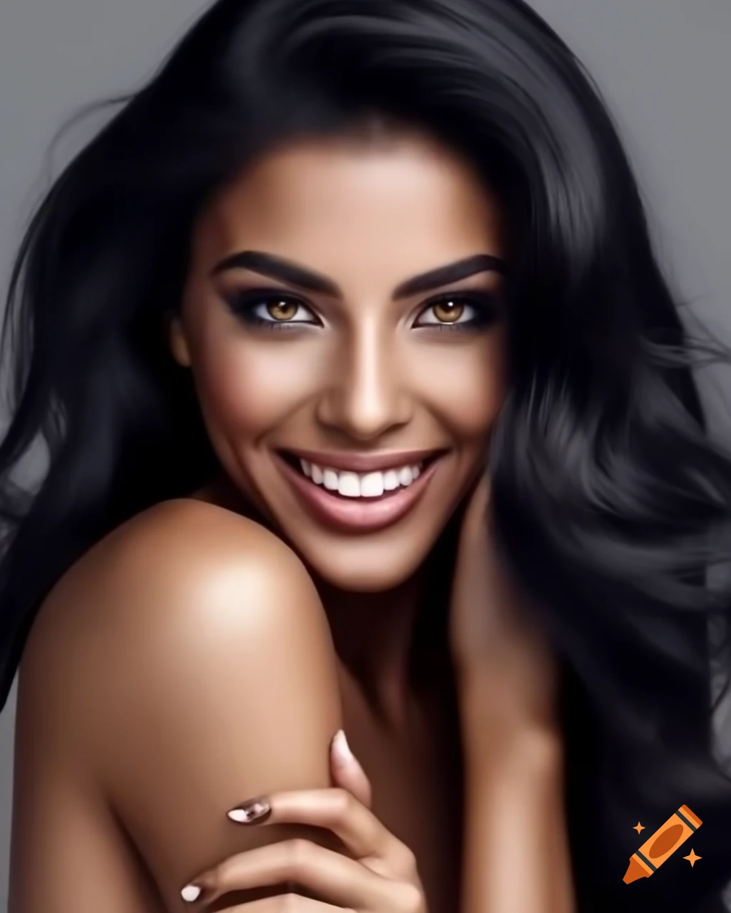 Elegant Israeli woman with exotic brown eyes and long black wavy hair ...