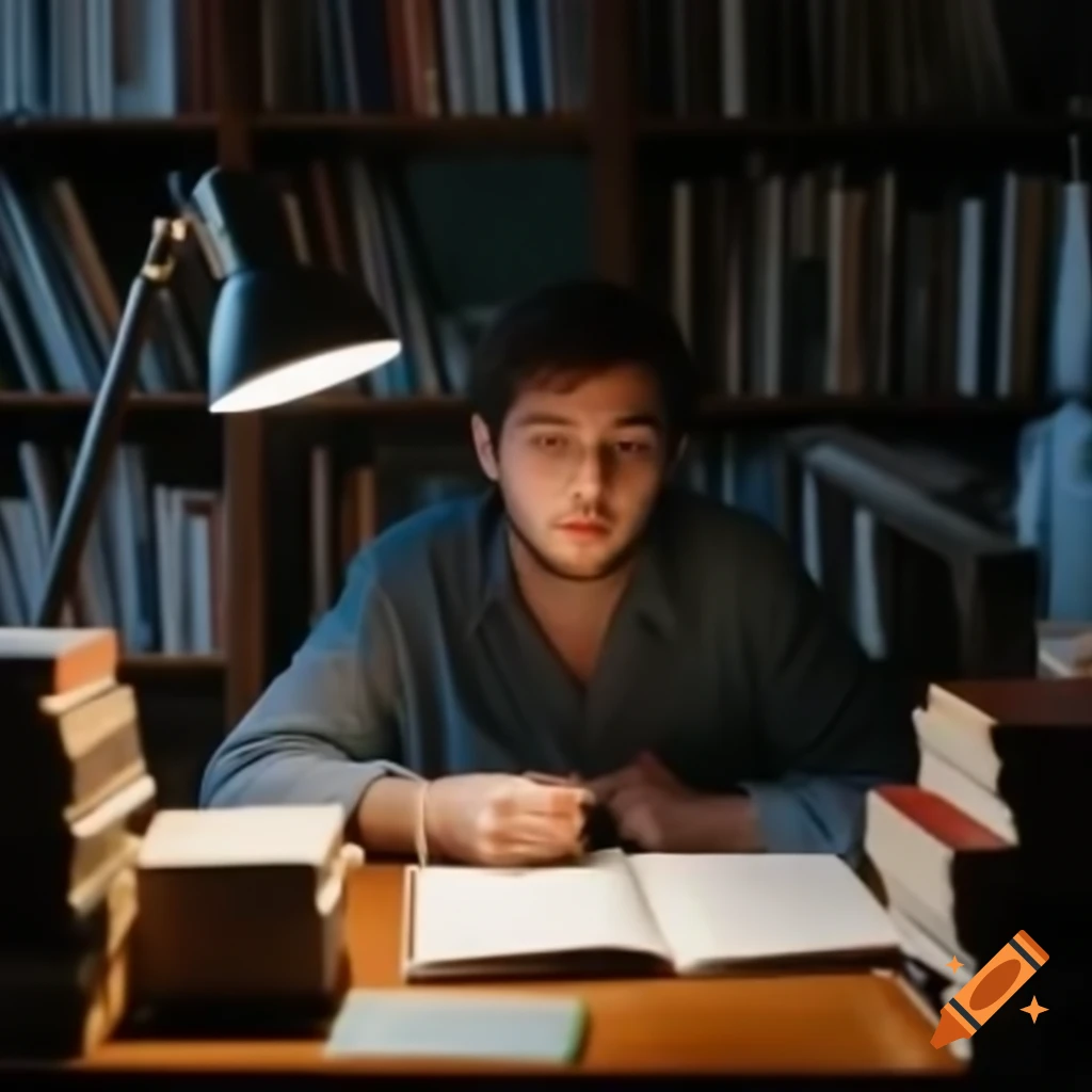 Young man writing under a softly lit lamp, wearing reading glasses ...