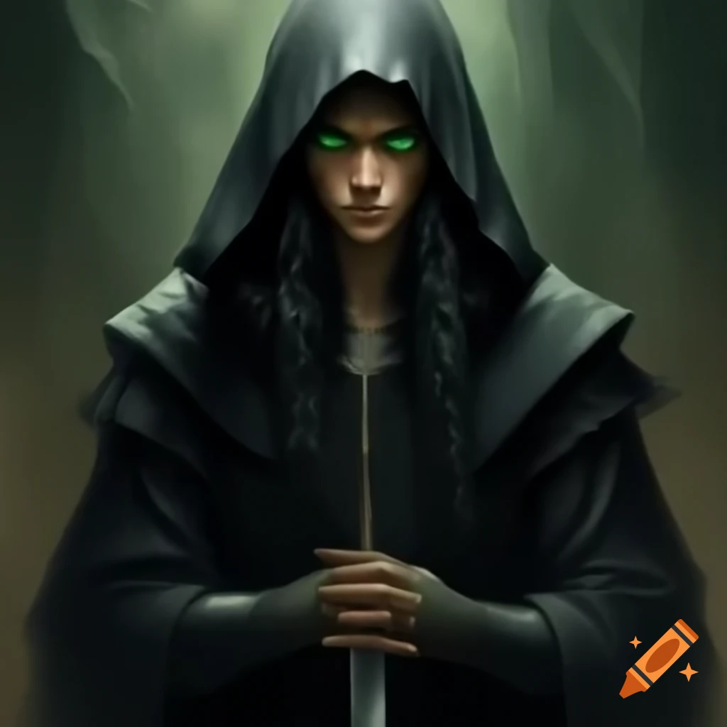 Wizard in black robe and cloak holding dagger, green eyes gleaming on ...