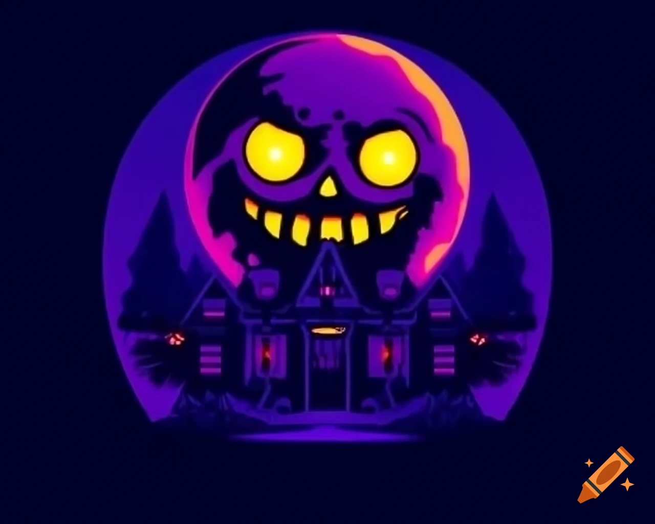 Creepy moon with sharp teeth looming over a village in neon colors on ...