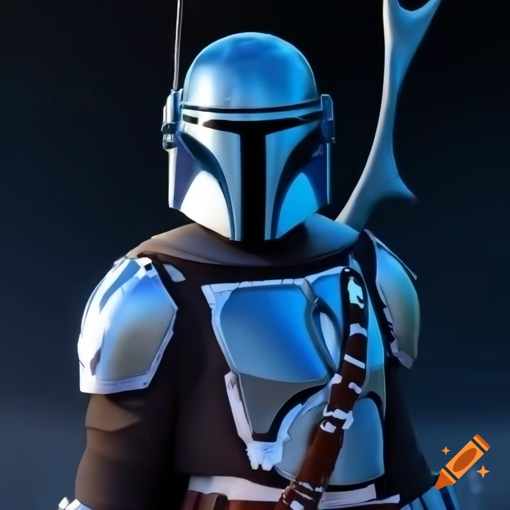 Mandalorian in blue and white suit striking winner's pose in snowy ...