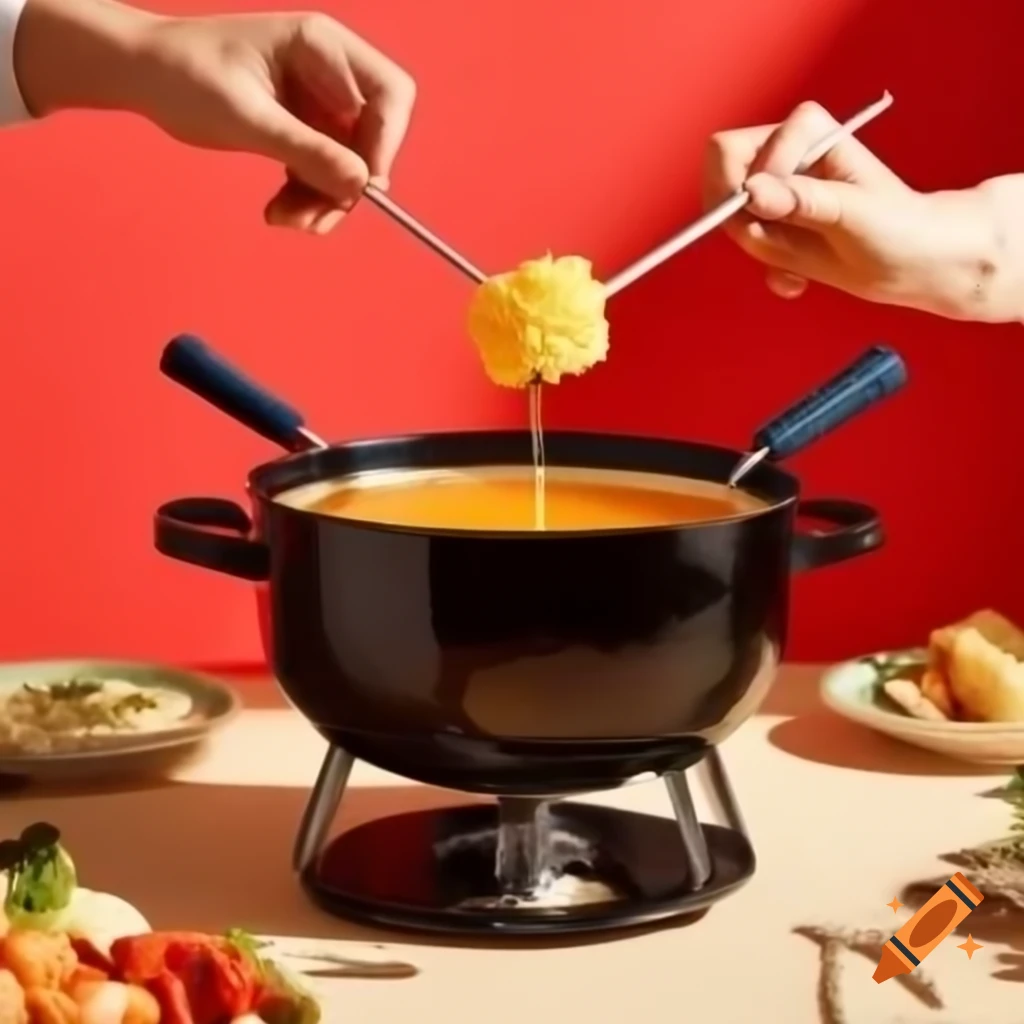 Fun fondue pot party with people enjoying melted cheese and dipping on Craiyon