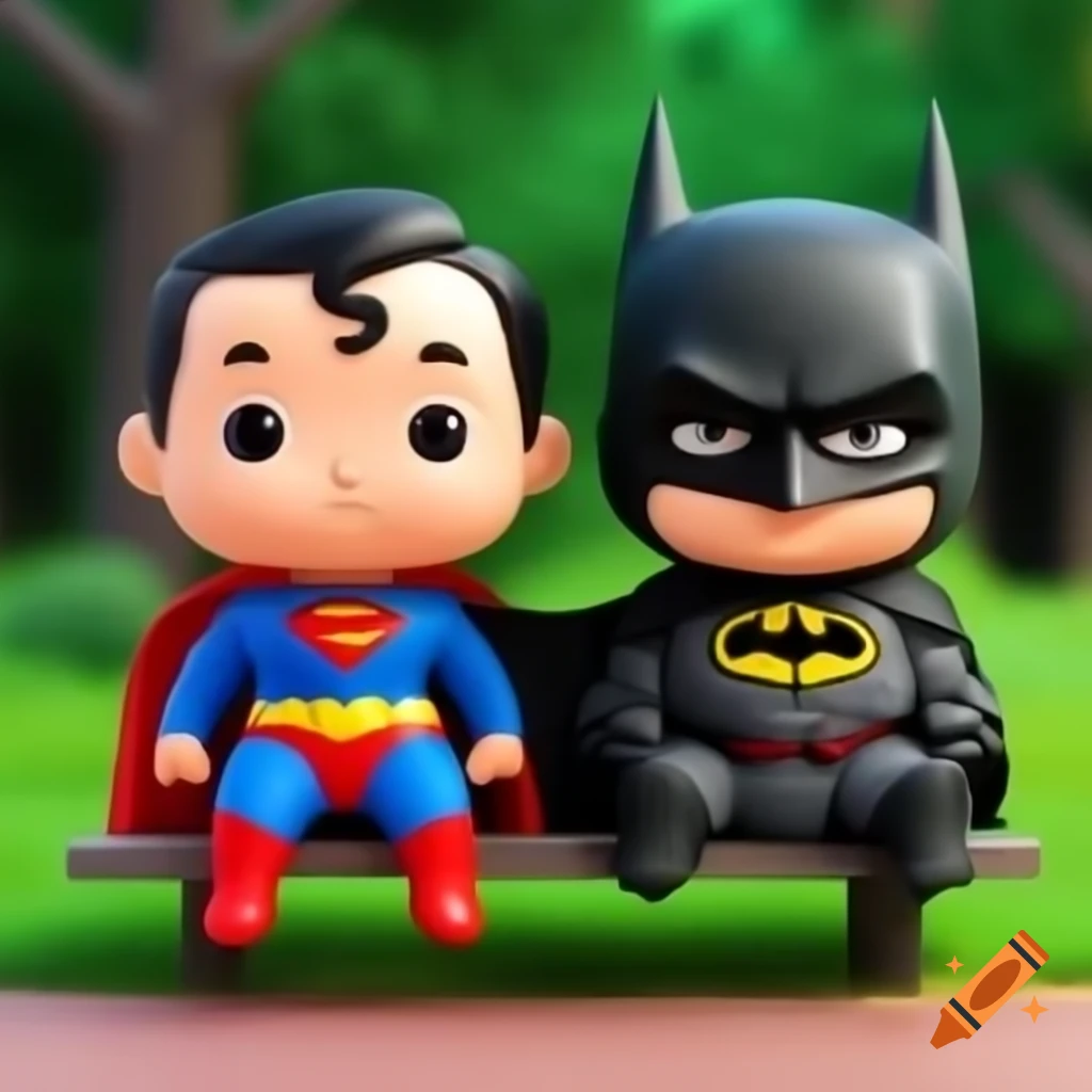 Superman and Batman cartoon bobbleheads sitting on a park bench in ...