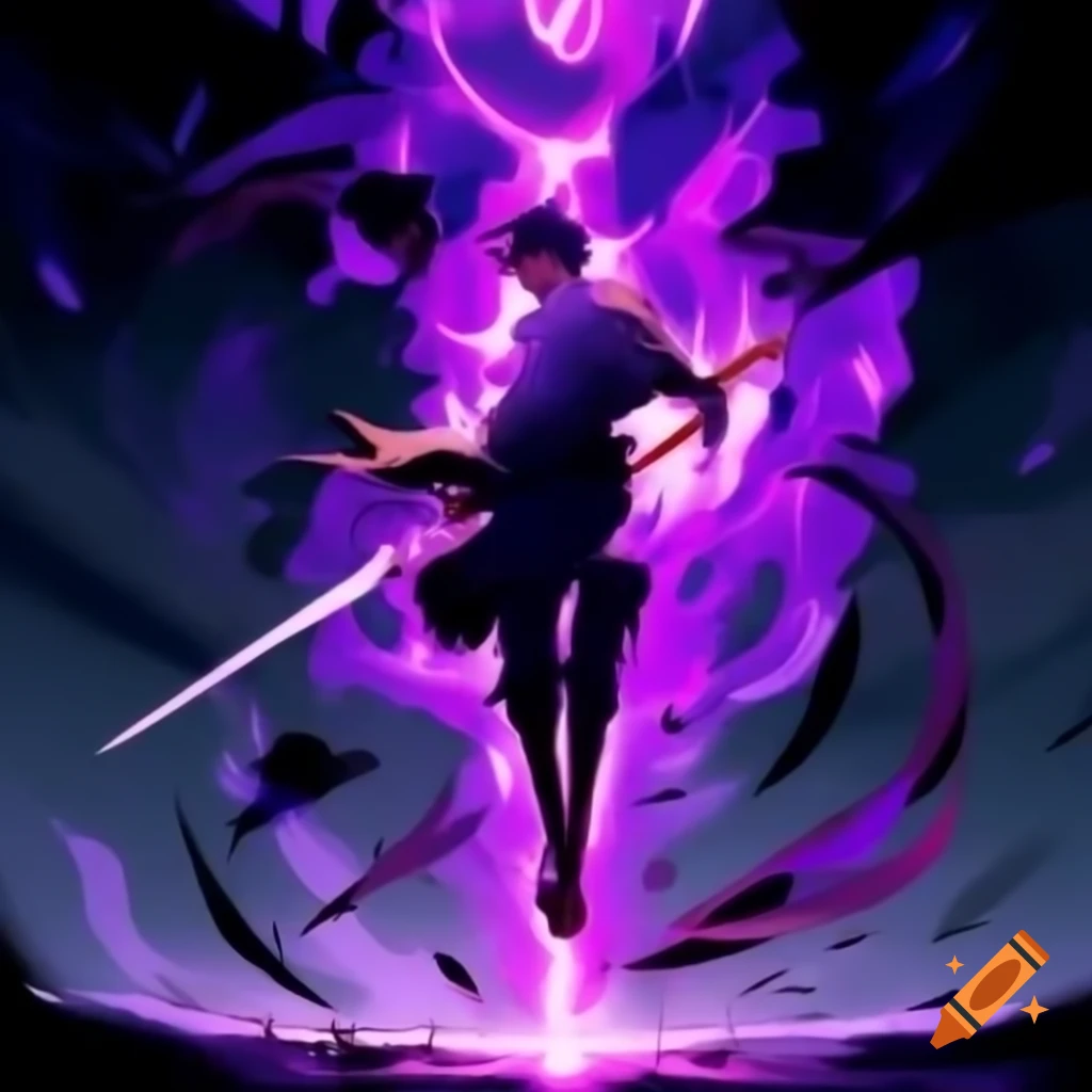 Anime character swinging sword with glowing purple aura on Craiyon