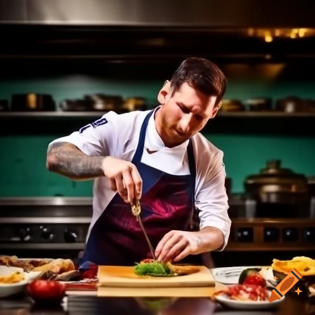 Lionel messi cooking in a vibrant kitchen, showcasing culinary skills ...