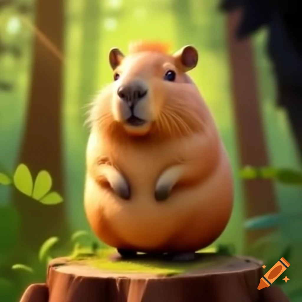 Happy capybara on tree stump in sunlit forest on Craiyon