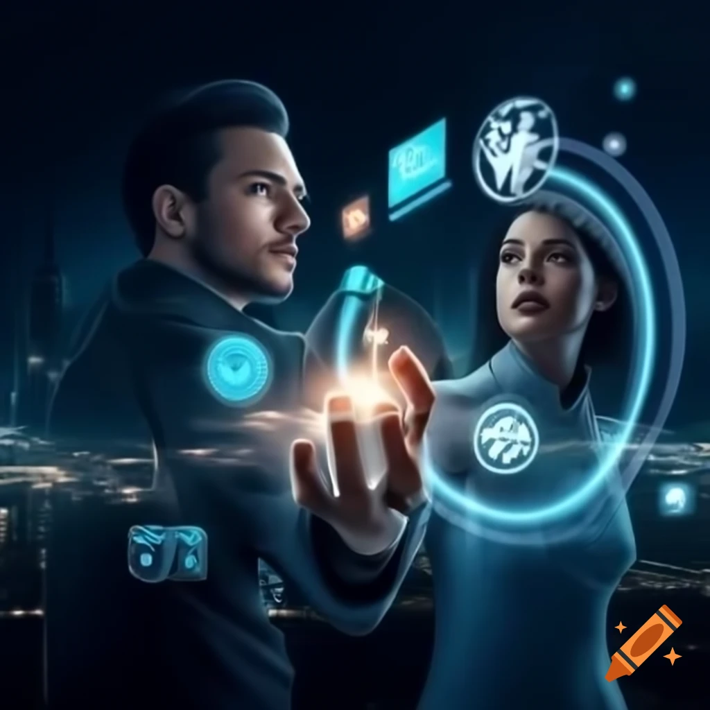 Sales and marketing duo in futuristic scene with high-tech gear on Craiyon