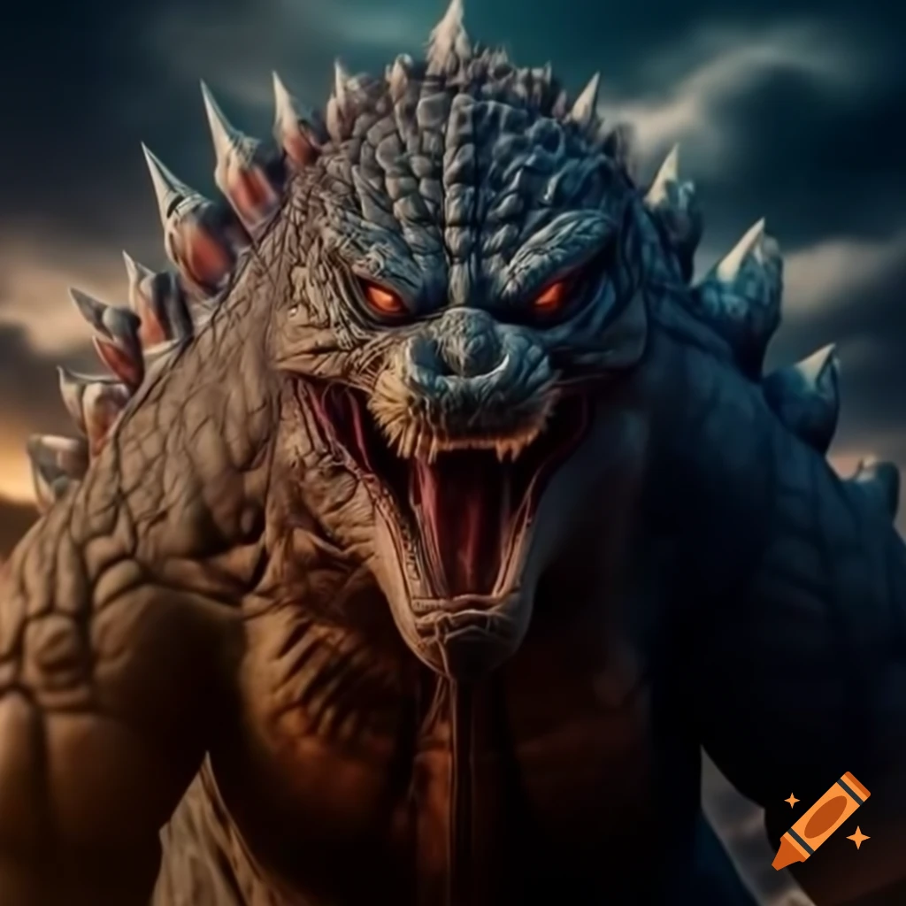 Godzilla casting shadow over city at sunrise on Craiyon