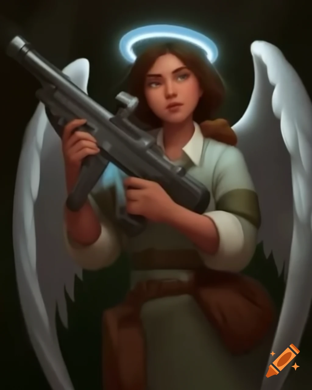 Angel holding a gun, symbolizing a juxtaposition of purity and conflict ...