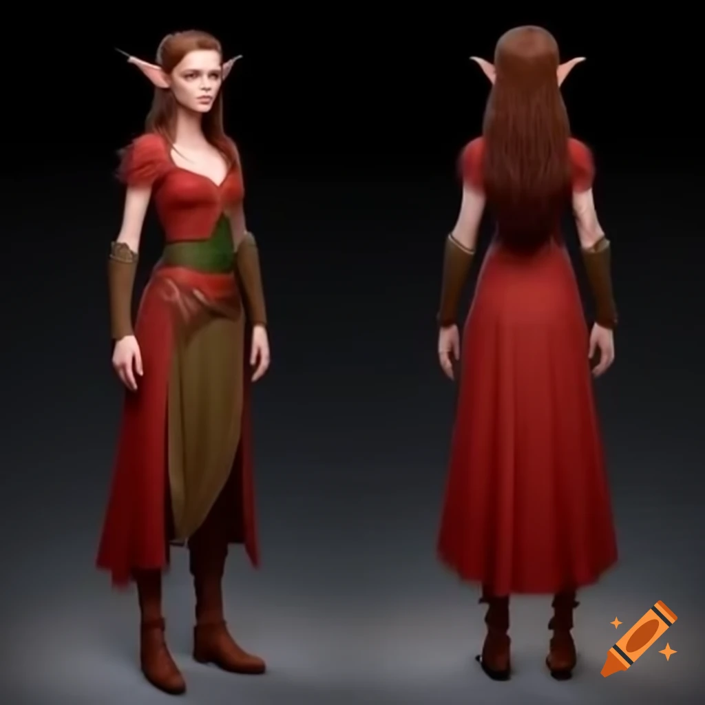 Brunette elf in red dress and brown ankle boots viewed from behind on Craiyon