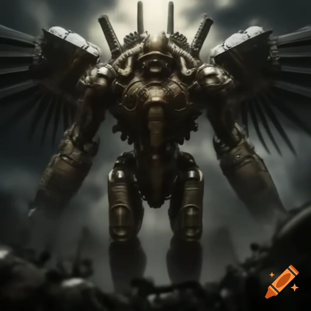Half human half mechanical giant god with tank arms and jet wings in ...