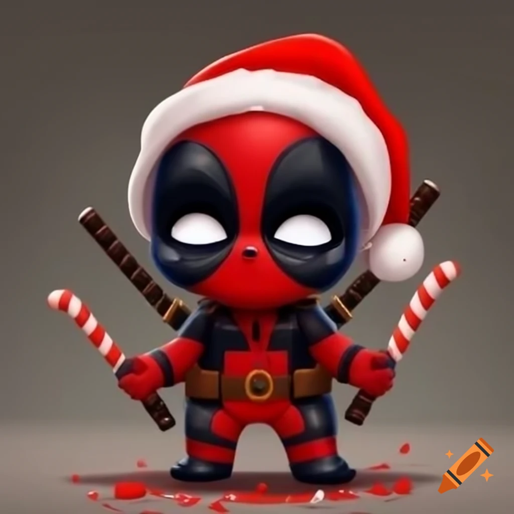 Cartoon baby Deadpool in Santa costume with candy cane swords on Craiyon