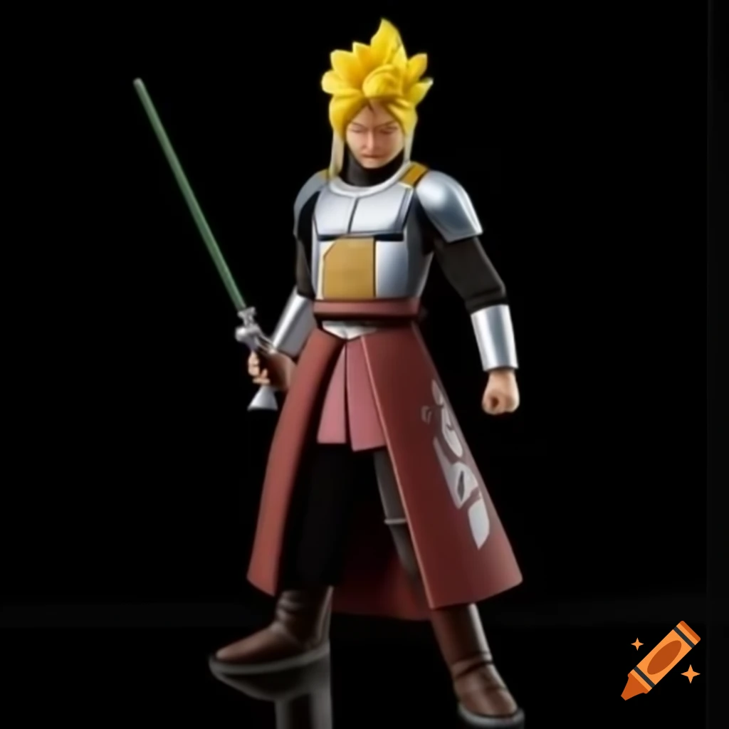 Minato namikaze and obi wan kenobi fusion in templar knight and saiyan armor with sword on Craiyon