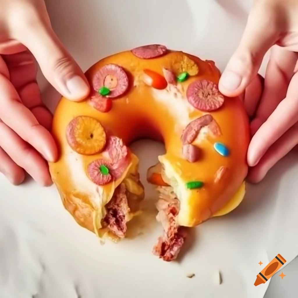 Split donut filled with vegetables, meat, and cheese on Craiyon