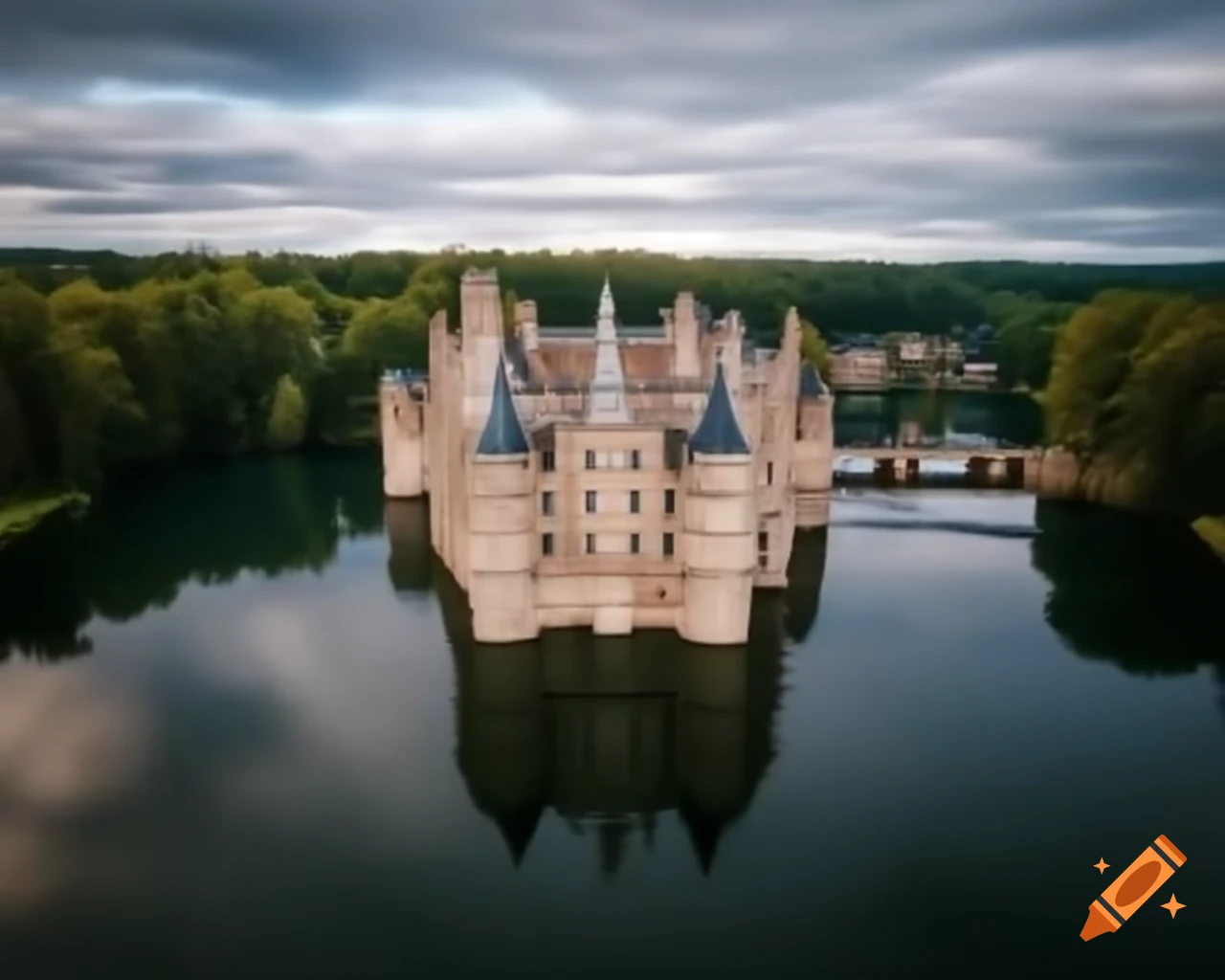 Grand castle on dam overlooking tranquil lake on Craiyon