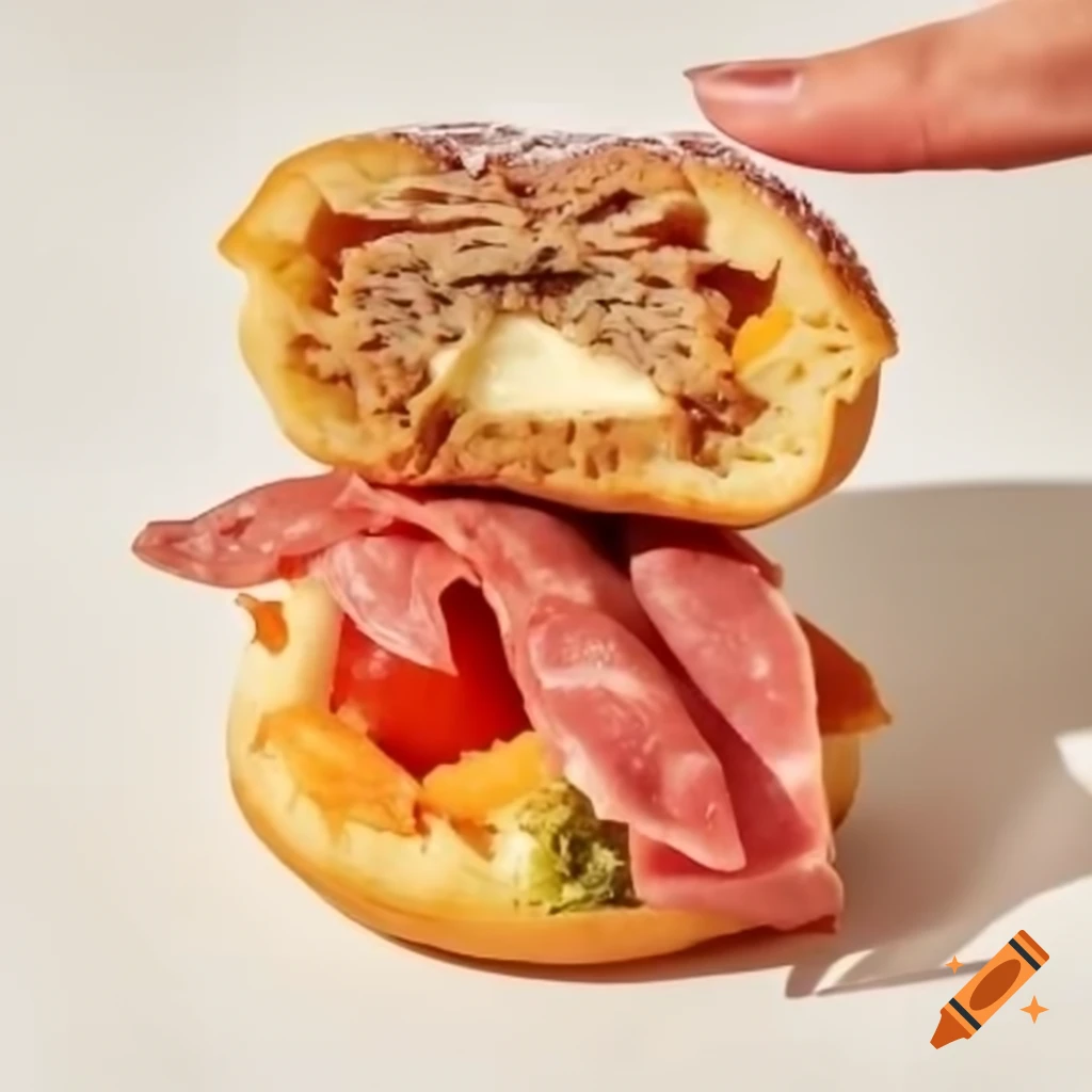 Split donut filled with vegetables, meat, and cheese on Craiyon