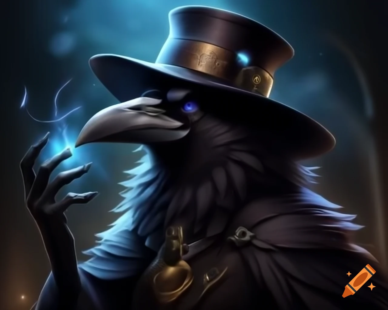 Wizard crow in top hat casting a spell, digital art on Craiyon