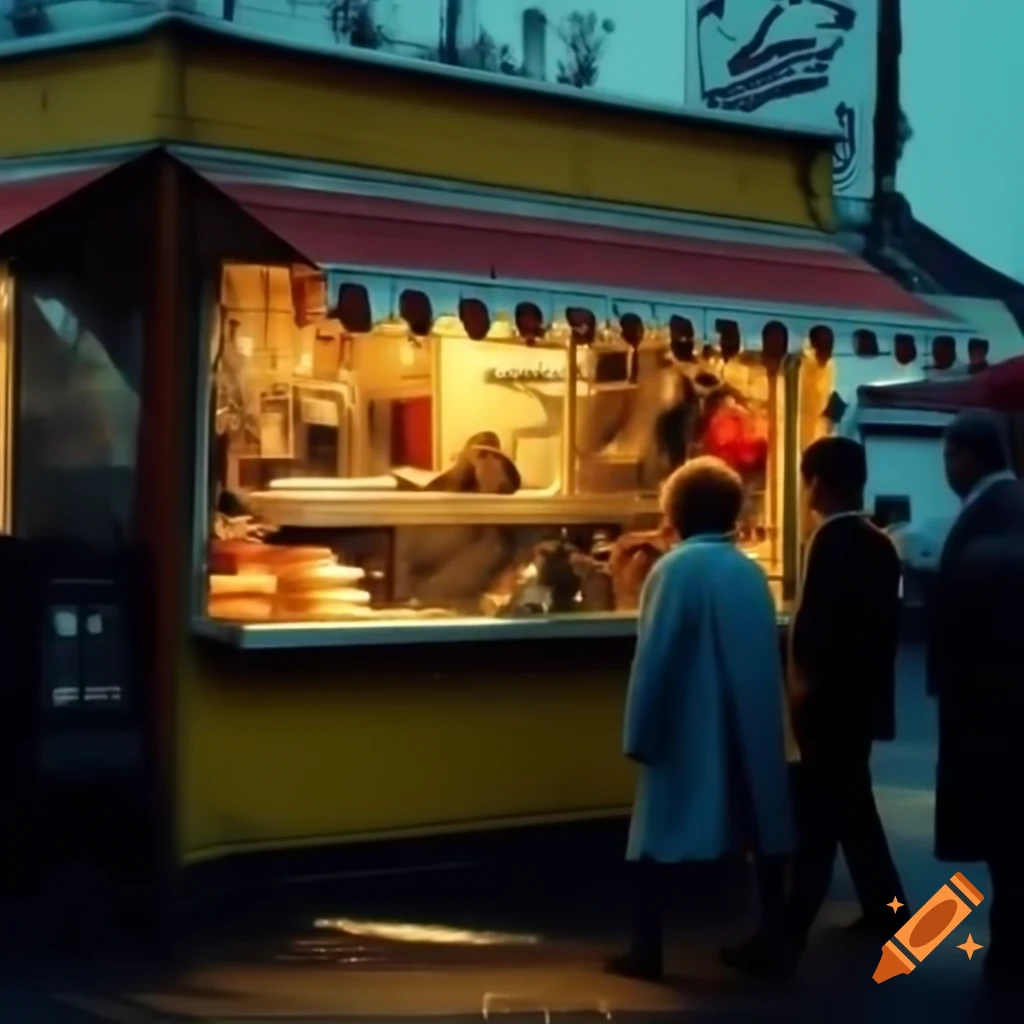 Cozy street market with bright yellow waffle stall and warm golden ...