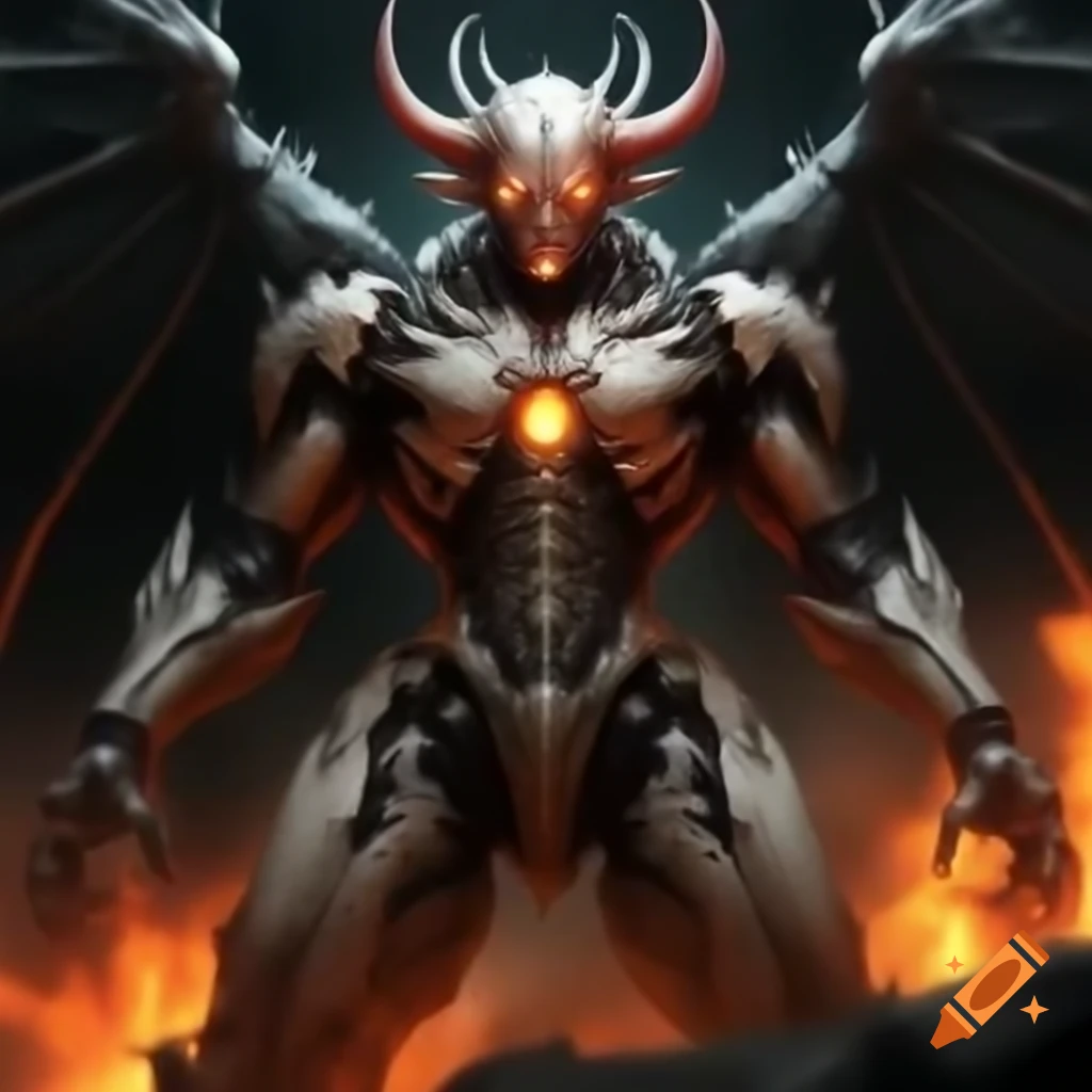 Futuristic robot with devil horns and flaming wings on Craiyon