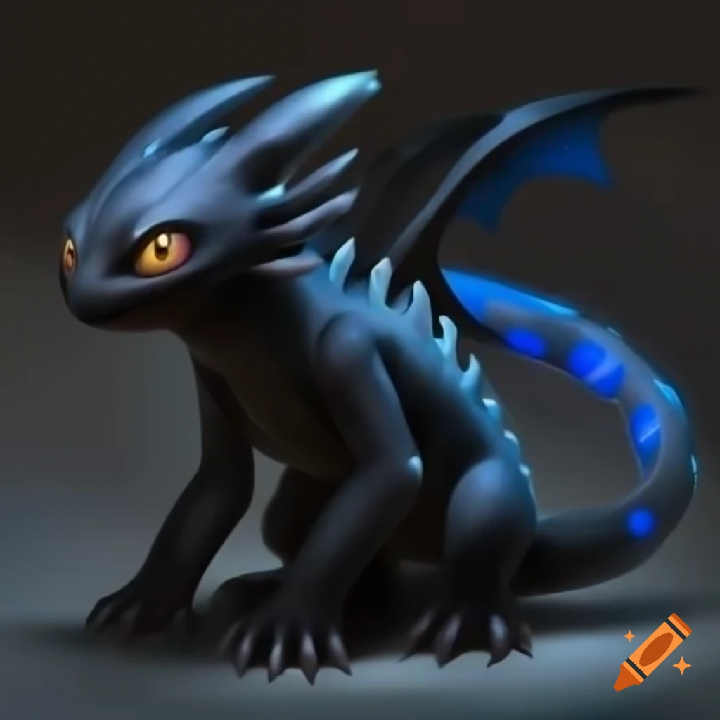 Humanoid toothless dragon creature with blue glowing stripes and ...